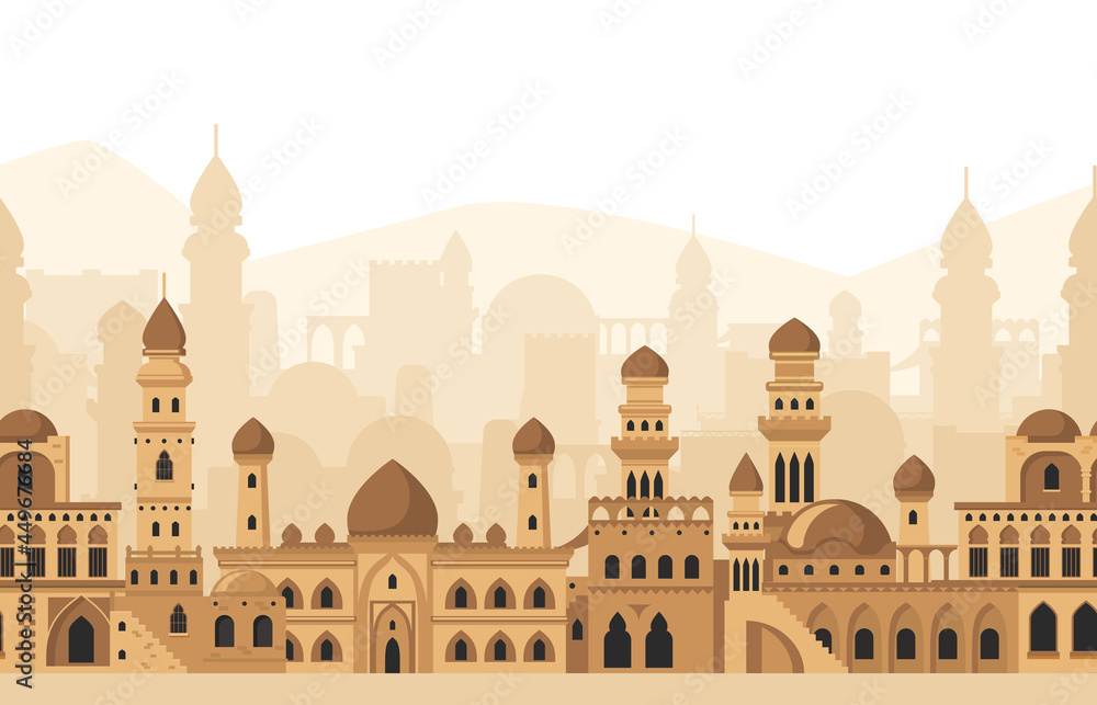 Arabic city traditional mosque buildings silhouettes panorama view ...