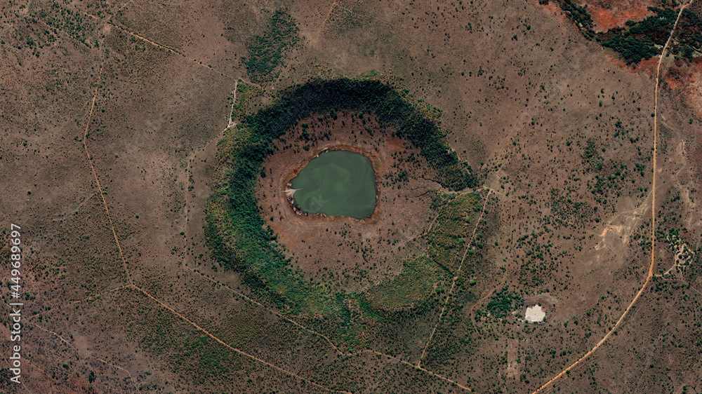 Tswaing Meteorite Crater looking down aerial view from above, bird’s ...