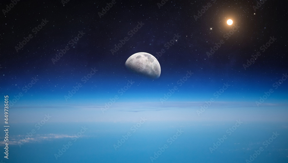 Orbit of Earth planet. Moon and Sun on horizon. Atmosphere of Earth ...
