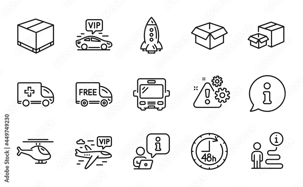 Transportation icons set. Included icon as Opened box, Vip transfer ...