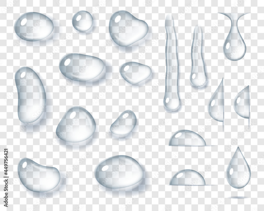 Set of different water drops realistic droplets of pure liquid isolated ...