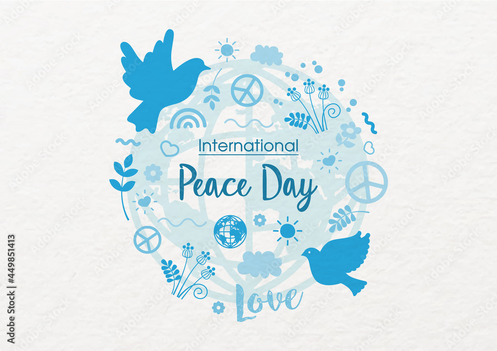 Symbols of Peace day in blue color and flat style with International ...
