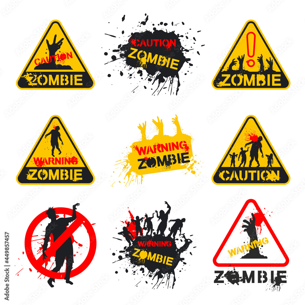 Zombie warning and caution sign vector cartoon symbols set isolated on ...