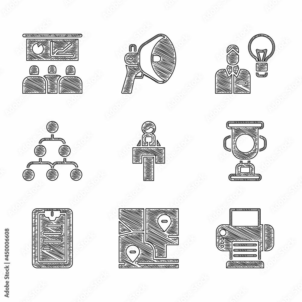 Set Stage stand or tribune, Folded map with location, Printer, Award ...