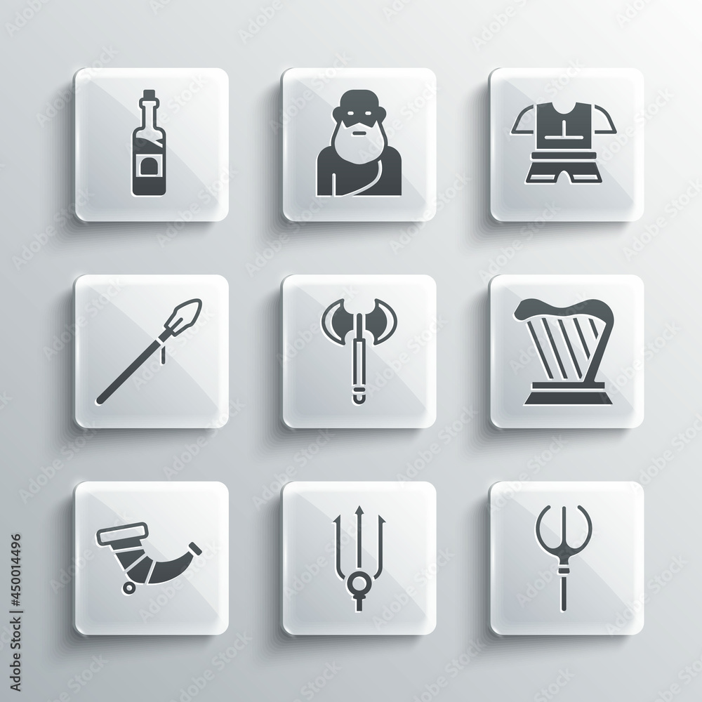 Set Neptune Trident, Harp, Medieval axe, Hunting horn, spear, Bottle of ...