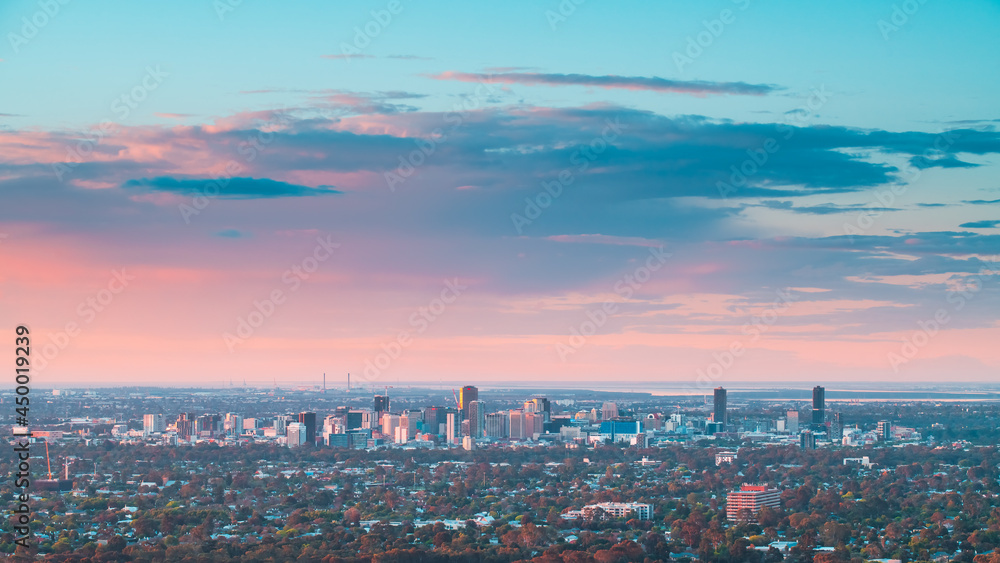 Adelaide city skyline view at dusk viewed from the Carrick Hill, South ...