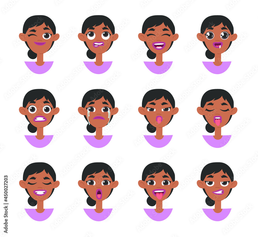 Vetor Emotional women emoji. Cartoon style illustration female emoticon ...