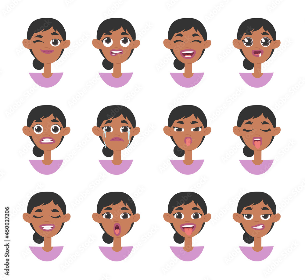 Set of emotional women emoji. Cartoon style illustration female ...