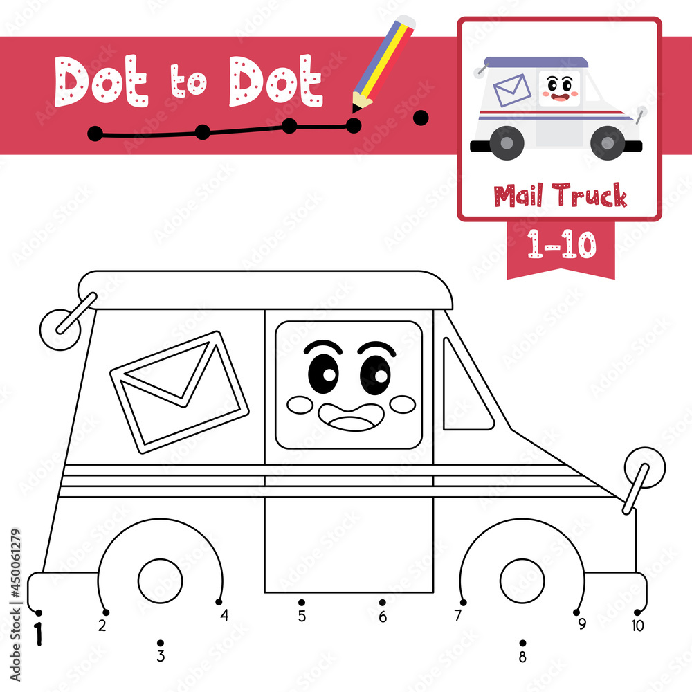 Dot to dot educational game and Coloring book Mail Truck cartoon ...