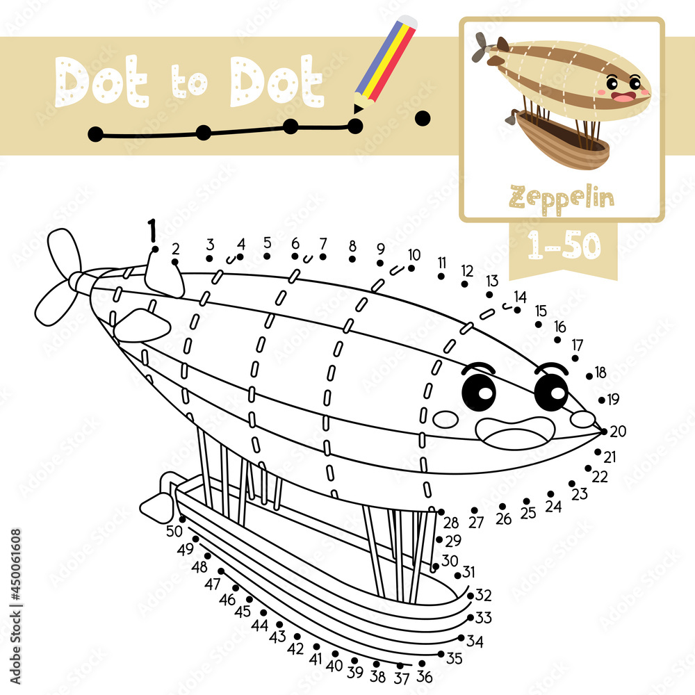 Dot to dot educational game and Coloring book Zeppelin cartoon ...
