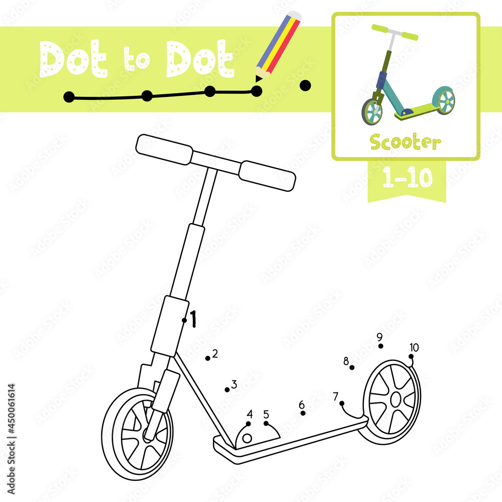 Dot to dot educational game and Coloring book Scooter cartoon character ...