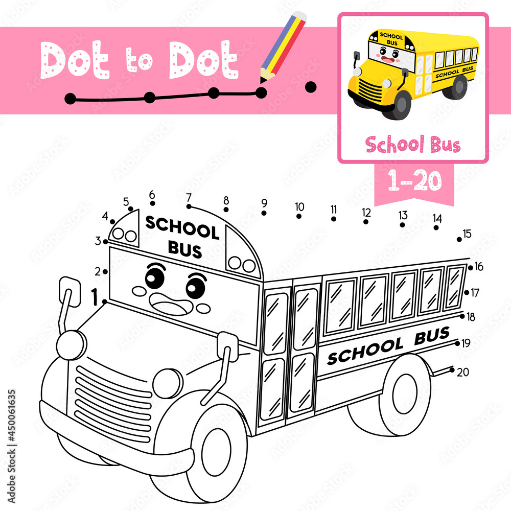 Dot to dot educational game and Coloring book School Bus cartoon ...