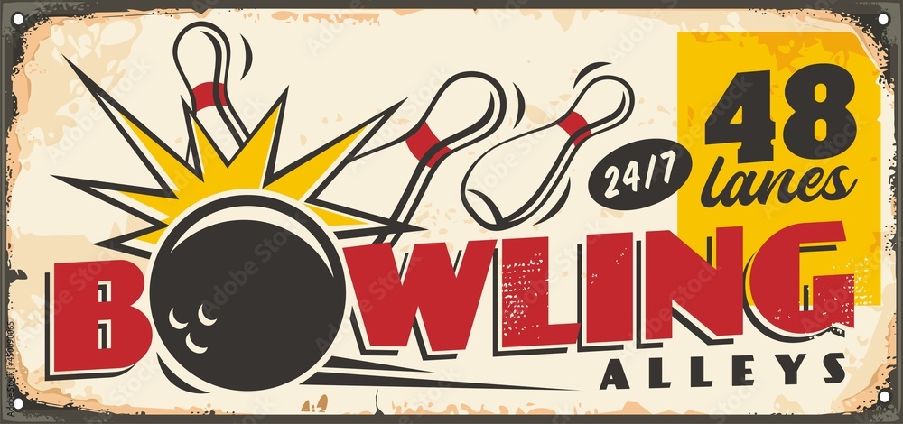 Bowling club retro sign board design template with bowling ball and ...