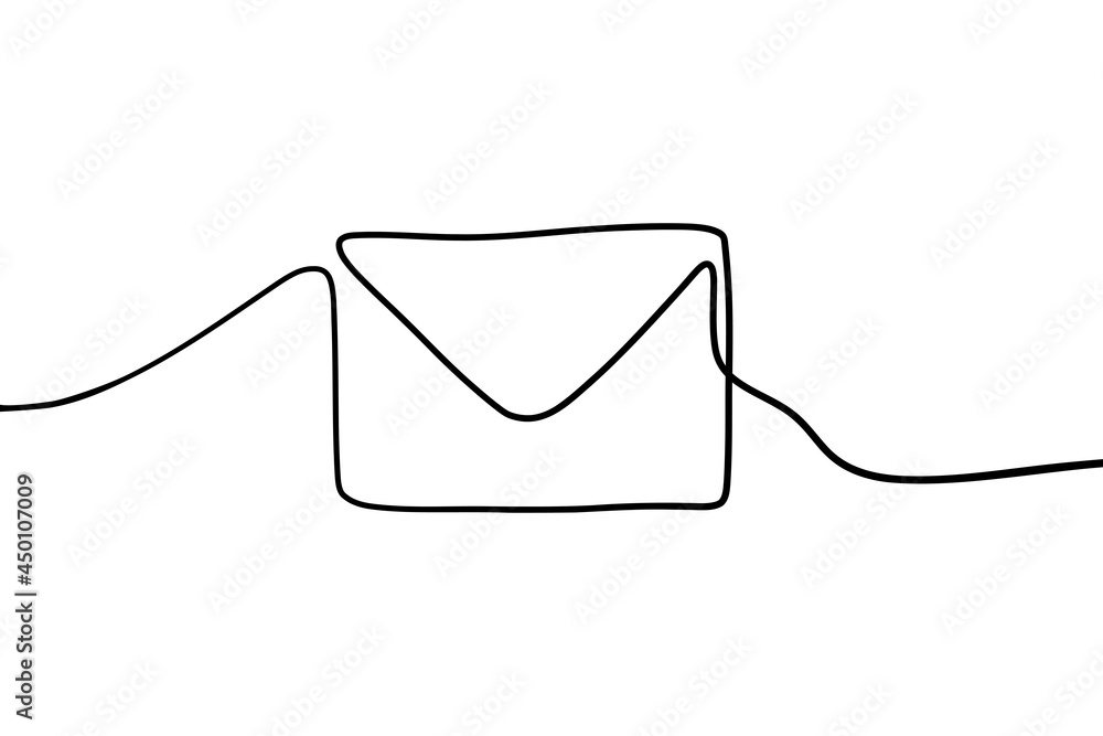 One continuous line envelope drawing. Email message outline sketch ...