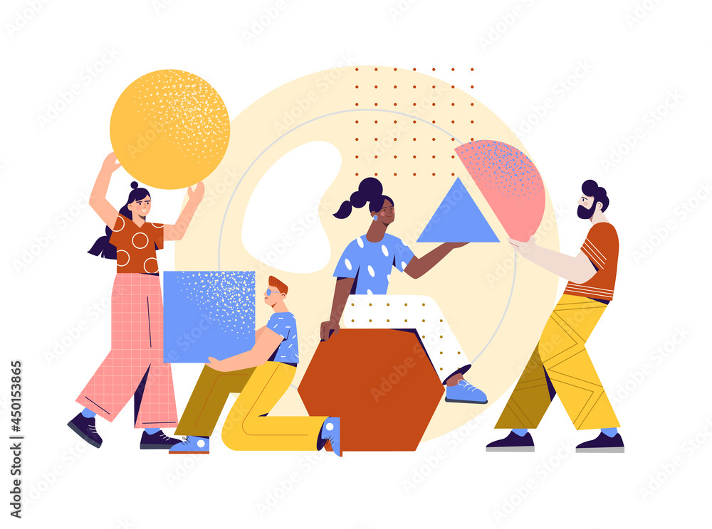 Male and female characters organizing abstract geometric shapes ...
