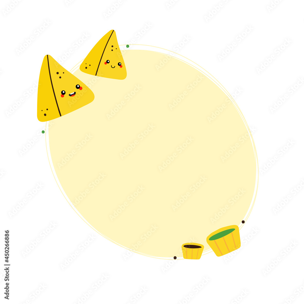 Oval frame, card template, background with cute cartoon style samosa ...