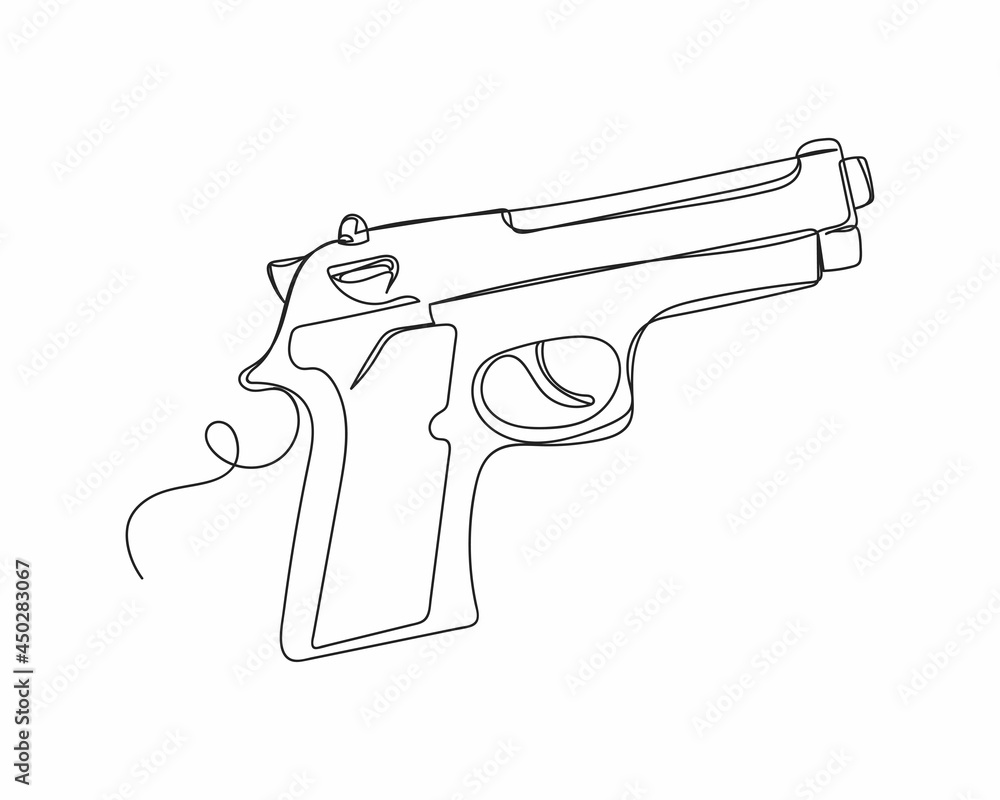 Continuous one line drawing of gun in silhouette on a white background ...