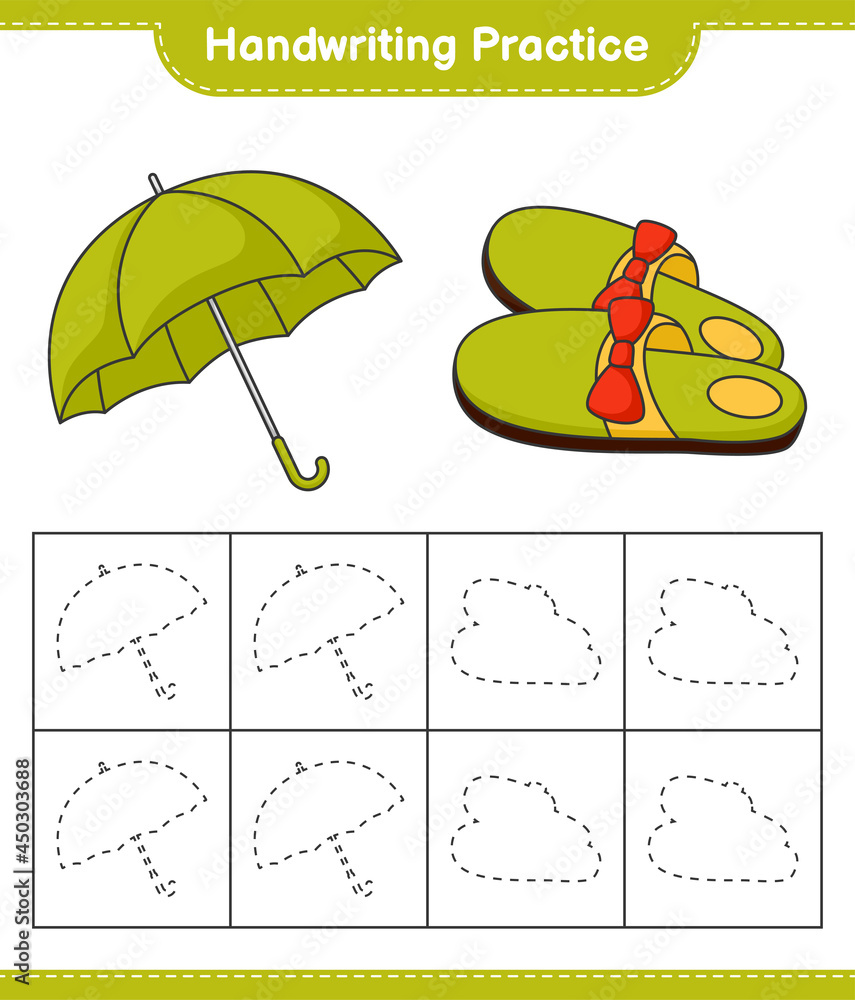 Handwriting practice. Tracing lines of Slippers and Umbrella ...