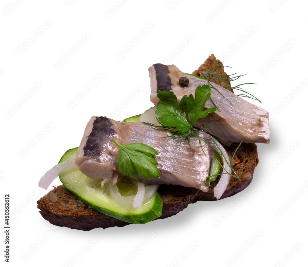 Sandwich with herring, cucumber and onion.Fresh salted fish, canapes ...