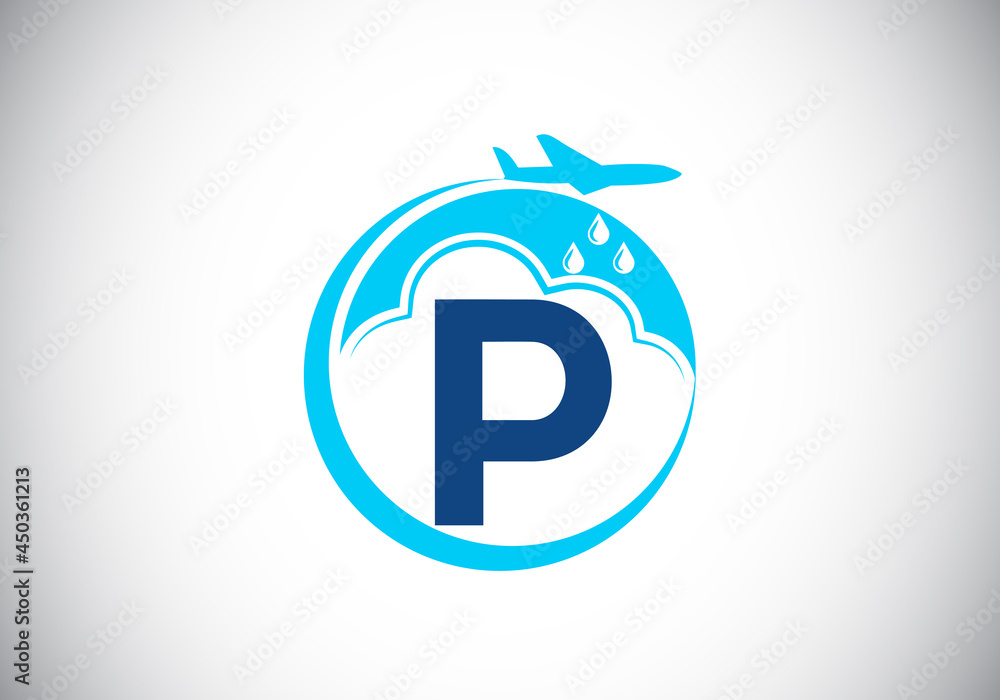 Initial P monogram alphabet with an airplane and cloud. Artificial ...