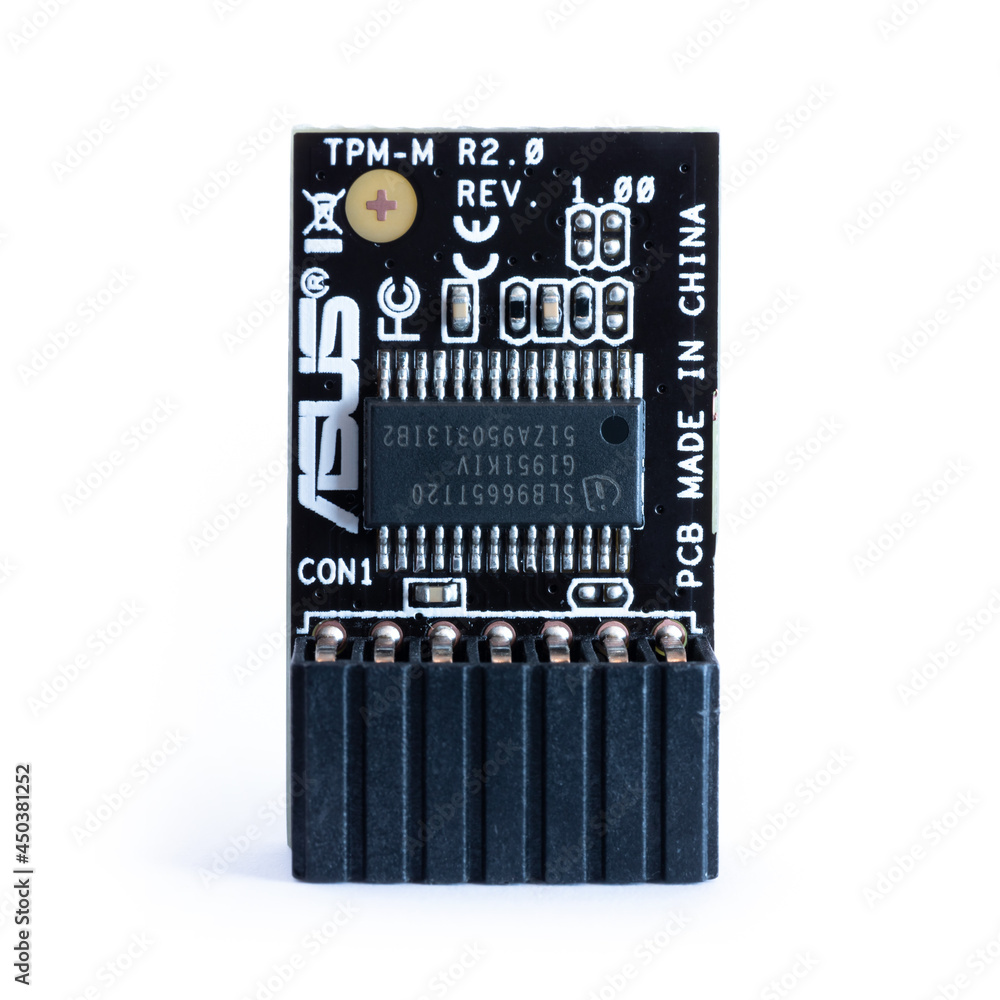 PRAGUE, CZECH REPUBLIC, 10 AUGUST 2021: ASUS TPM module with narrow ...