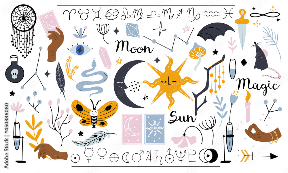 Big vector set of magical and wiccan clipart elements, horoscope zodiac ...