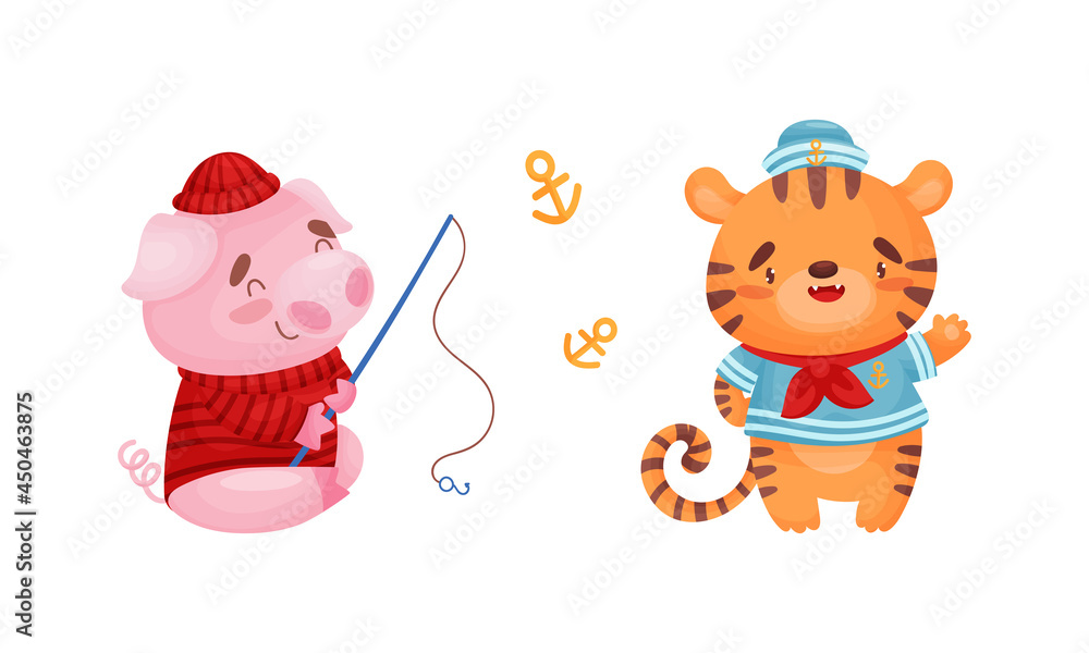 Cute baby animals sailors set. Funny pig, tiger captain characters ...