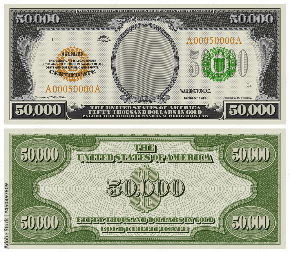 Fictional vintage obverse and reverse of a gold certificate with a face ...