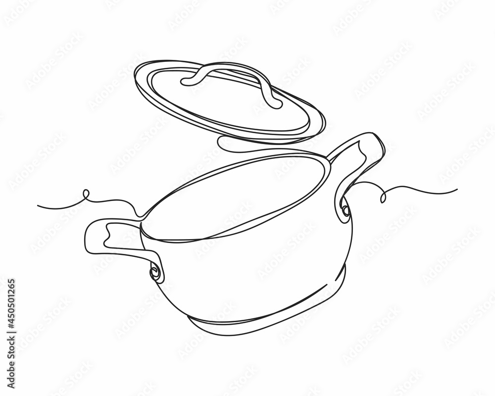 Continuous one line drawing of cooking pot in silhouette on a white ...