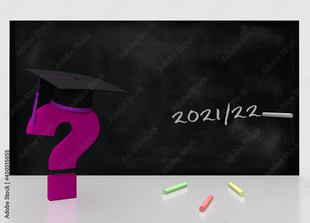 Question mark with student cap as frame with blackboard, chalk 2021 ...