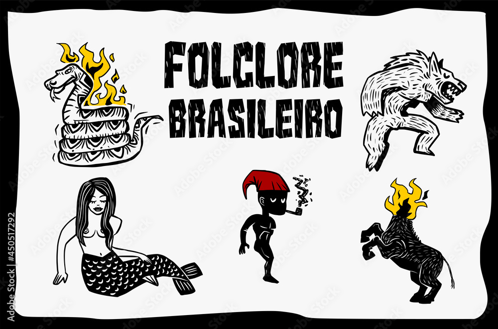 Coleção de Personagens do folclore brasileiro no estilo xilogravura ...