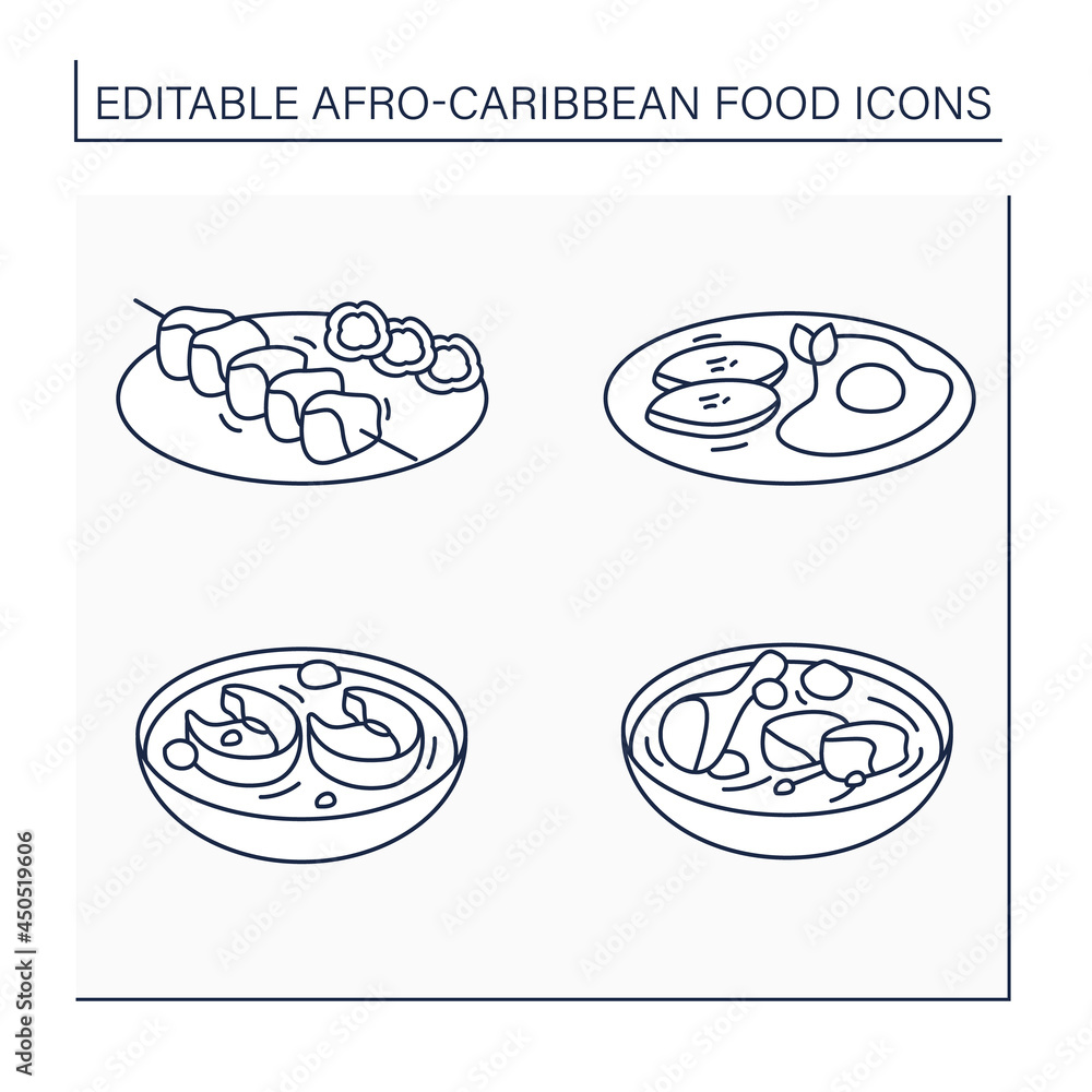 Afro-Caribbean food line icons set. Traditional dishes.Fish pepper soup ...