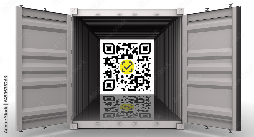 Cargo container with a QR code. One open freight container with a QR ...