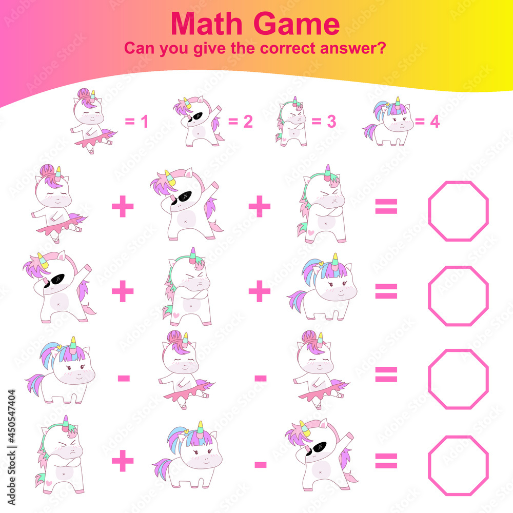 Counting unicorn game for children. Cute unicorn math worksheet ...