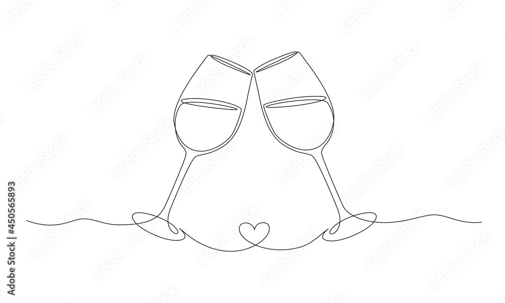 Continuous one line drawing of cheers two glasses. Romantic toast ...
