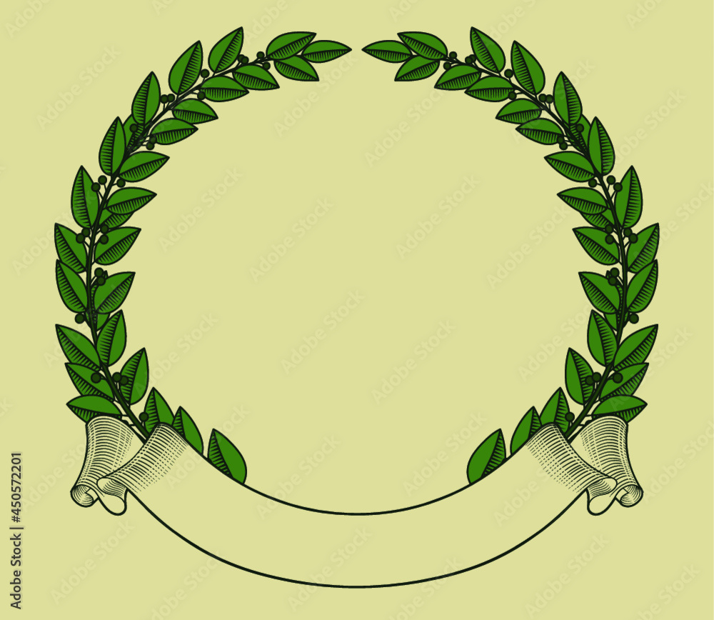 Ribbon banner with Green laurel wreath. Vintage engraving stylized ...