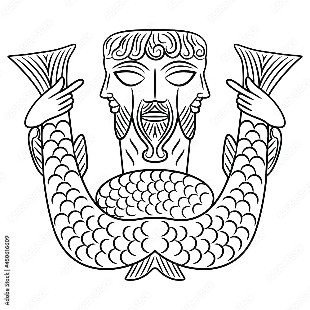 Medieval merman. Celtic mythology. Fantastic bearded man with two ...