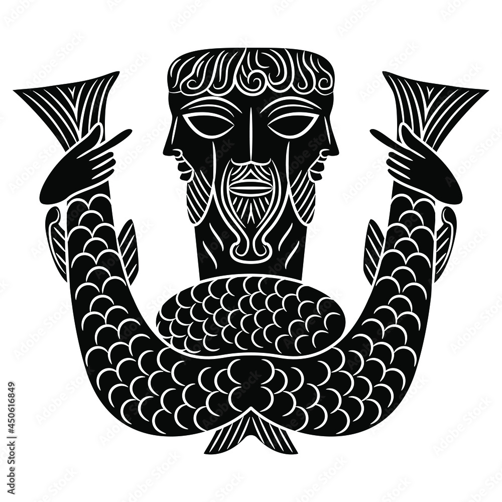 Medieval merman. Celtic mythology. Fantastic bearded man with two ...