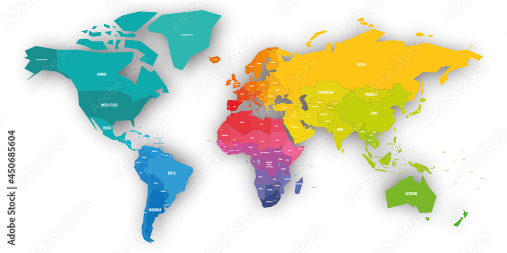 Colorful World Map in colors of rainbow spectrum. Each sovereign ...
