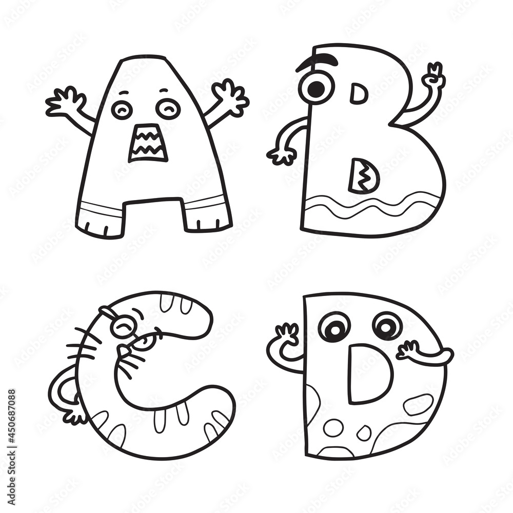 ABC Funny Alphabet coloring for kids. Cute alphabet fonts freehand ...