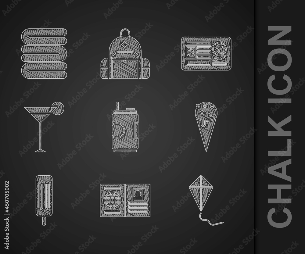 Set Soda can, Passport, Kite, Ice cream in waffle cone, Martini glass ...