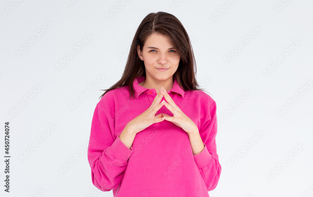 Fotografie Girl scheming evil plan twiddle fingers smirking desire ...