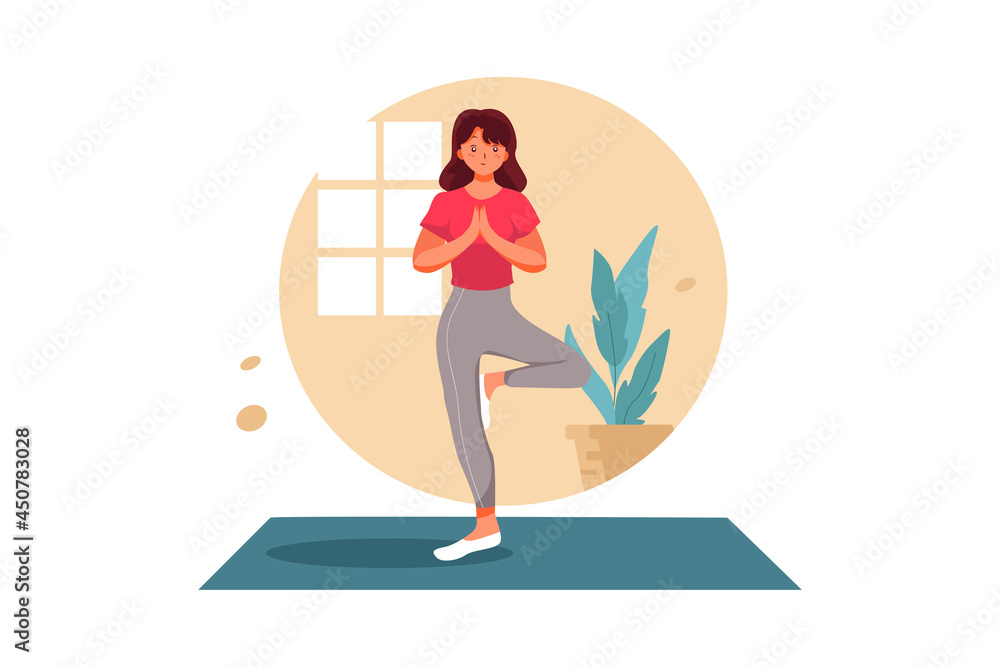 Woman standing on one leg in balance yoga pose Illustration concept ...