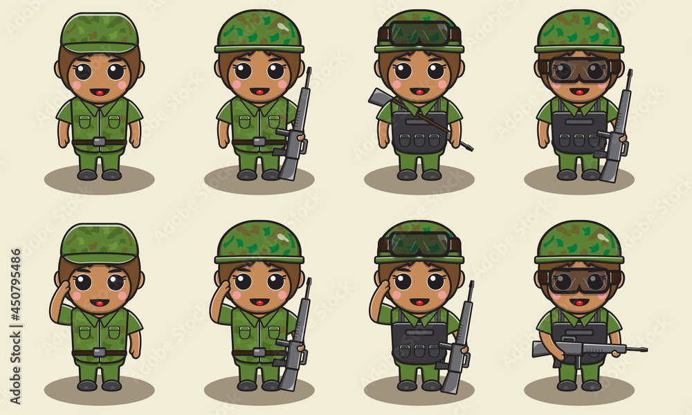 Cute cartoon illustration of a Female soldier. Cute flat cartoon style ...