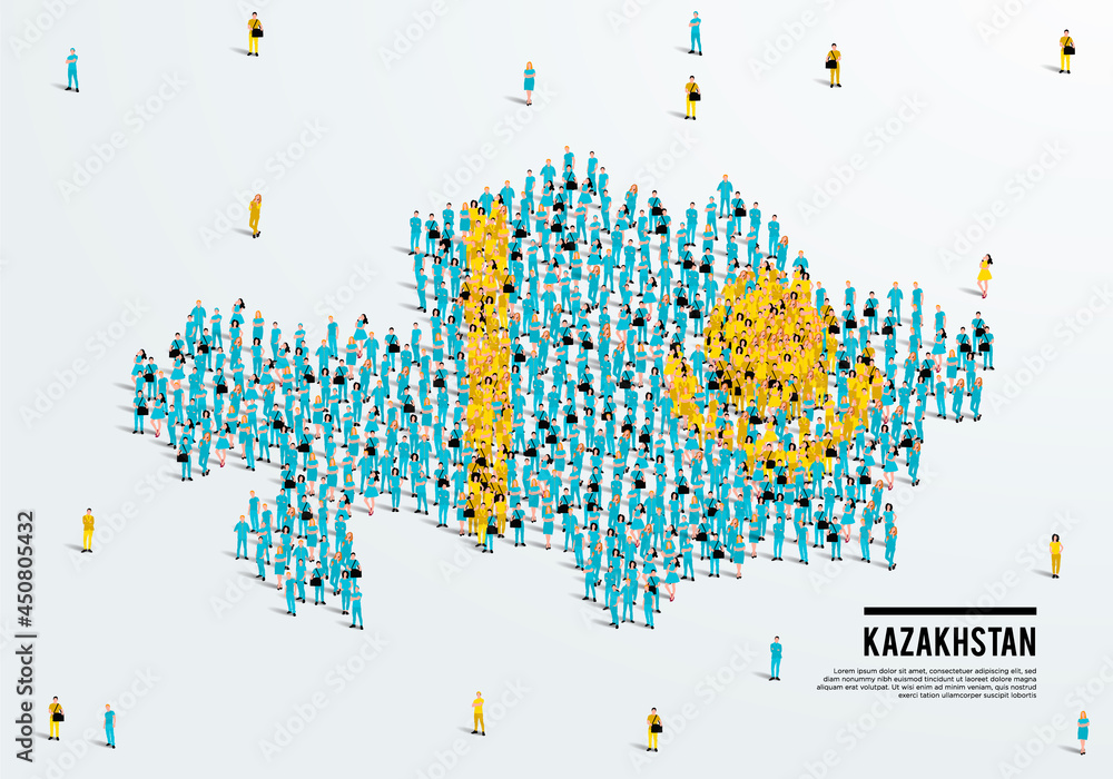Kazakhstan Map and Flag. A large group of people in the Kazakhstan flag ...