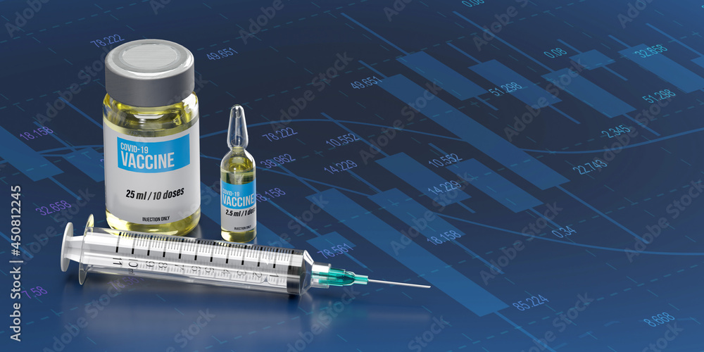 3D rendered Covid-19 vaccine and syringe. Economy and financial line ...