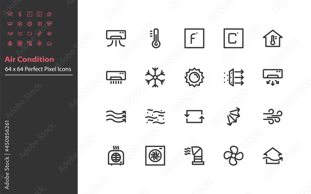 set of air condition line icons, temperature, air purify, dust Stock ...