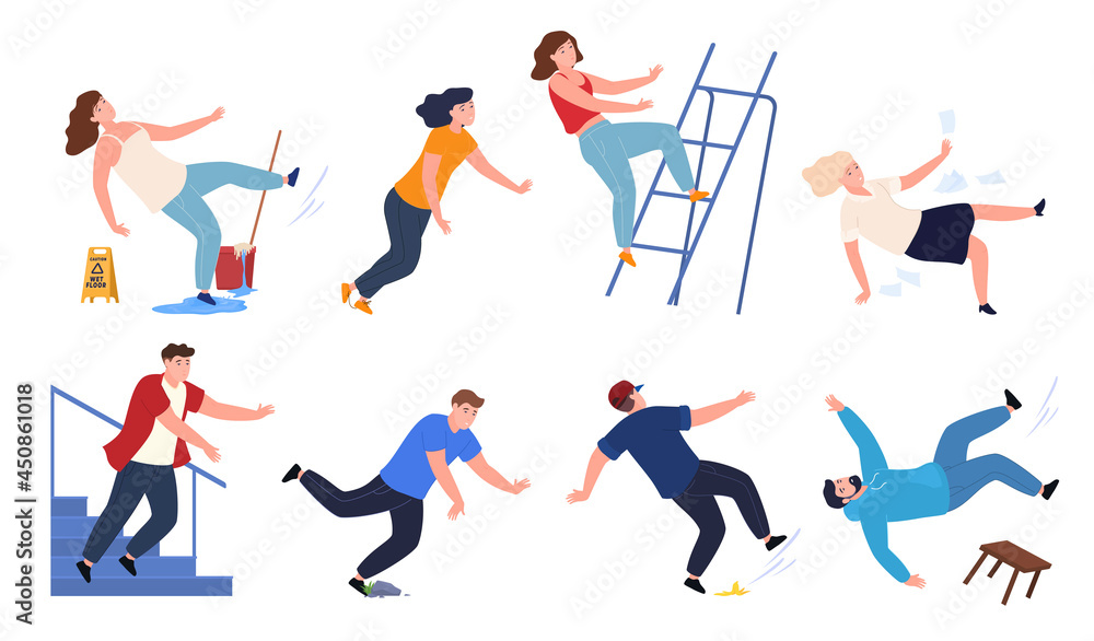 Collection falling people vector cartoon illustration. Danger caution ...