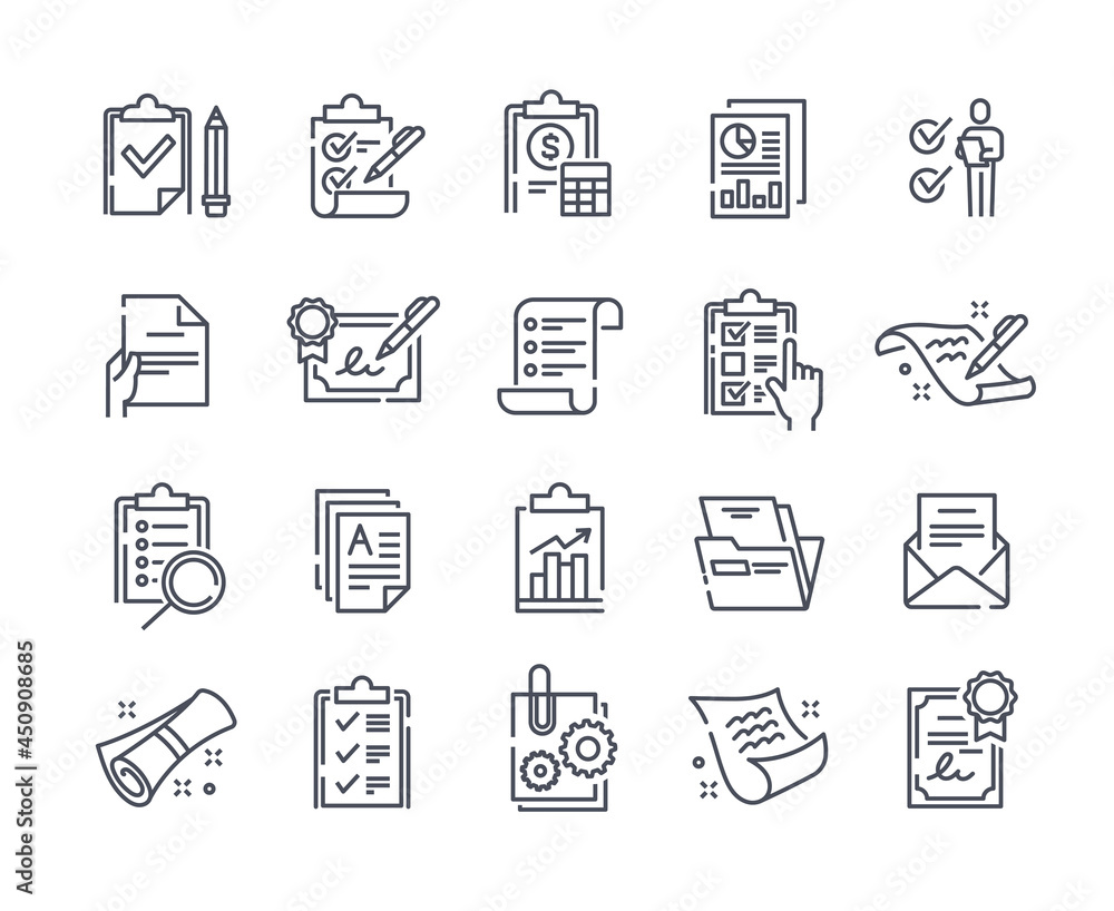 Set of clipboard related minimalistic linear icons on white background ...