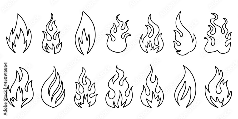 Set of hand drawn fire and fireball isolated on white background ...